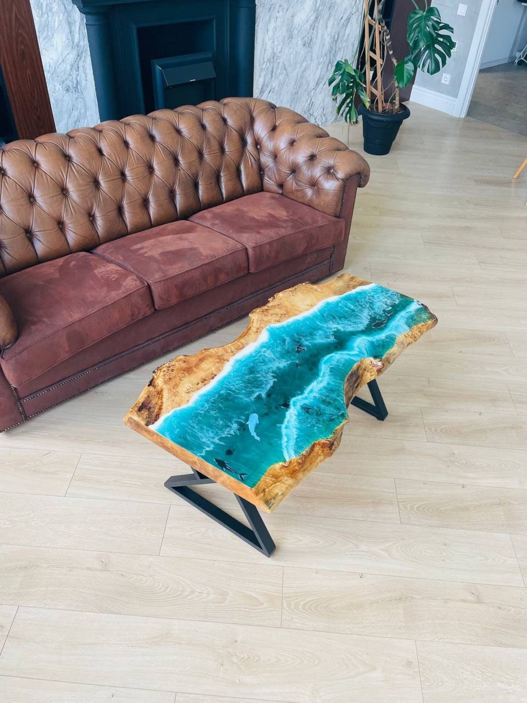 Accent Shark Coffee Table, Green Epoxy Resin Living Room Table, Live ...