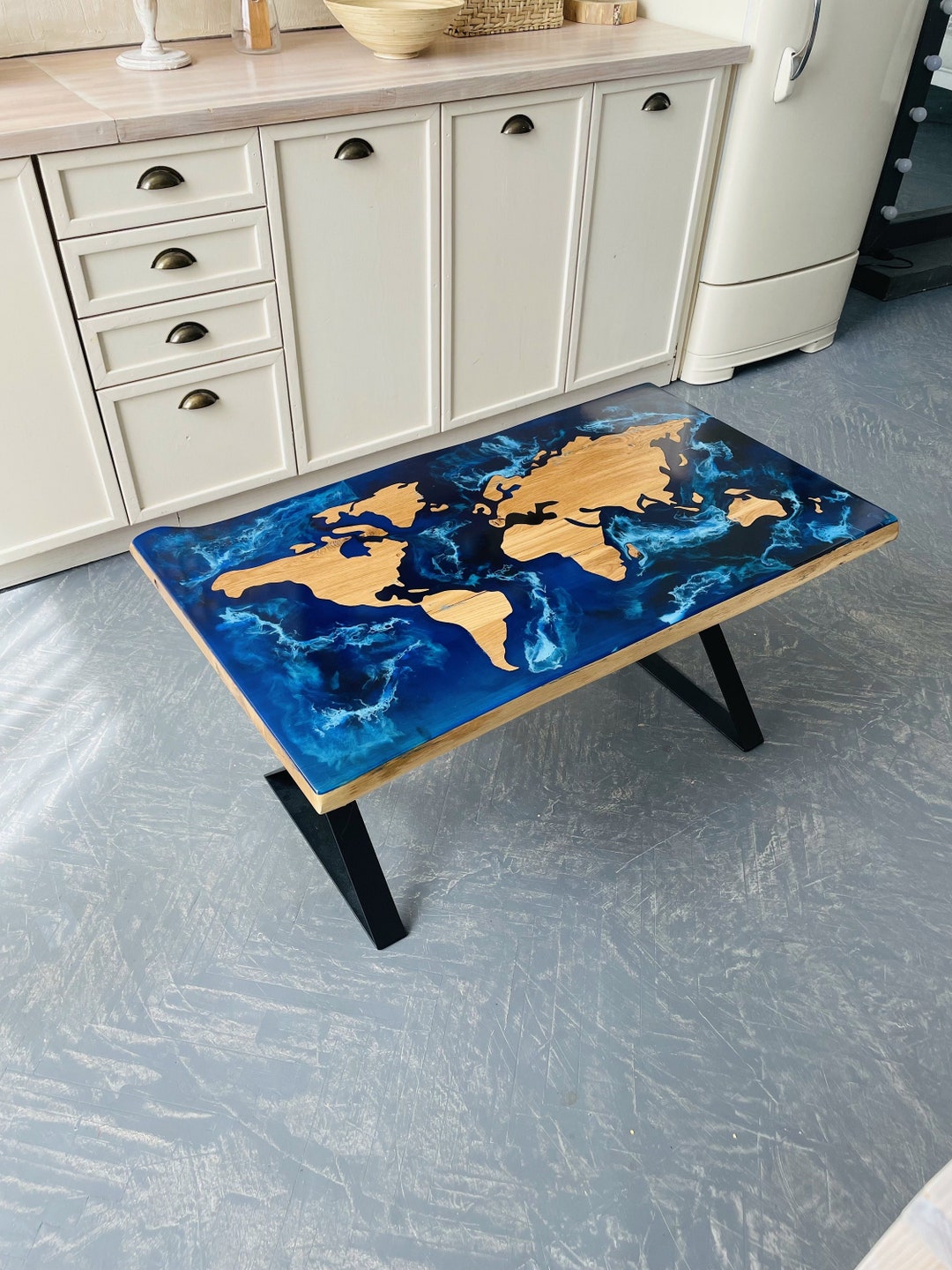 World Map Accent Table, Living Room Epoxy Resin Table, World Map Resin ...