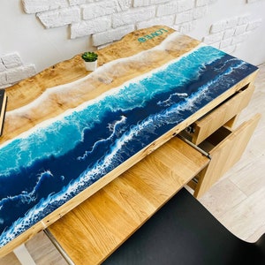 Epoxy Wood Study Desk With Storage, Live Edge Computer Desk With ...