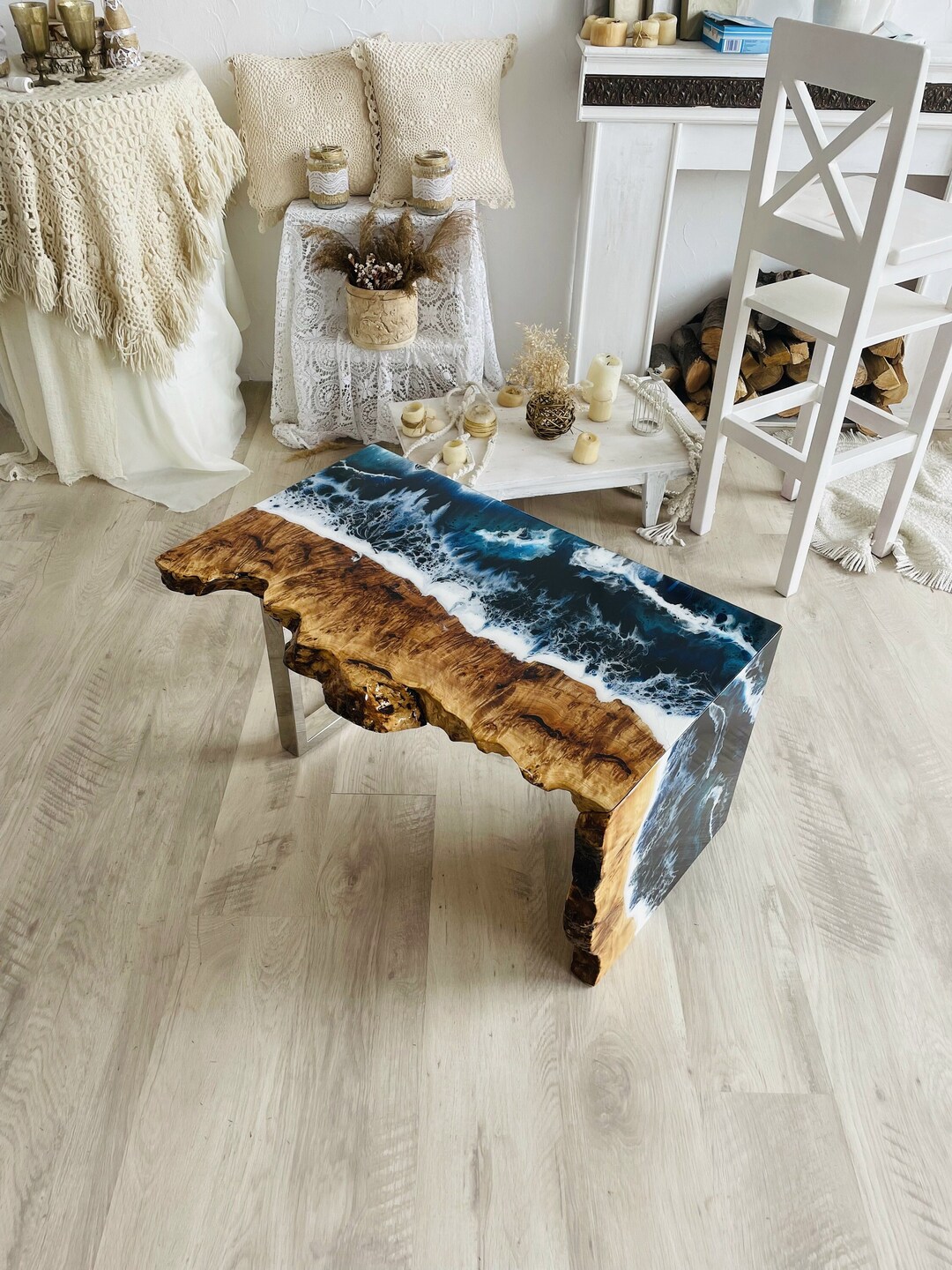 Unique Epoxy Ocean Wave Table Live Edge Natural Wood Statement Piece ...