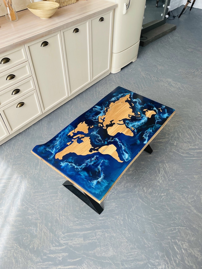 World Map Accent Table, Living Room Epoxy Resin Table, World Map Resin ...