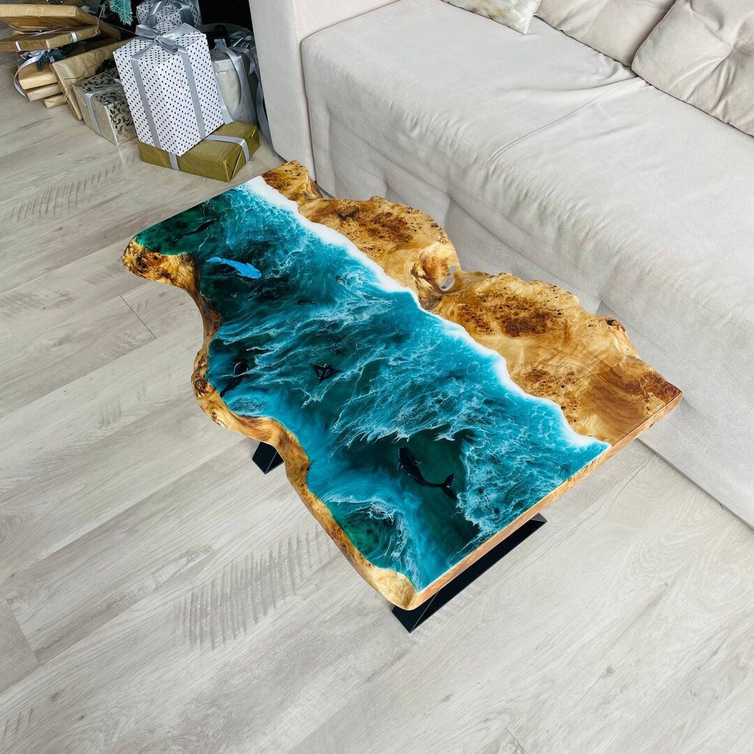 Epoxy Resin Aquarium Table, Ocean Art Deco Live Edge Table, Modern ...