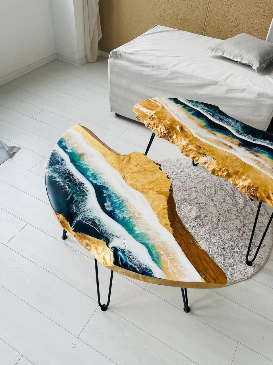 Unique Set of Two Ocean Coffee Tables, Custom Small Accent Nesting ...