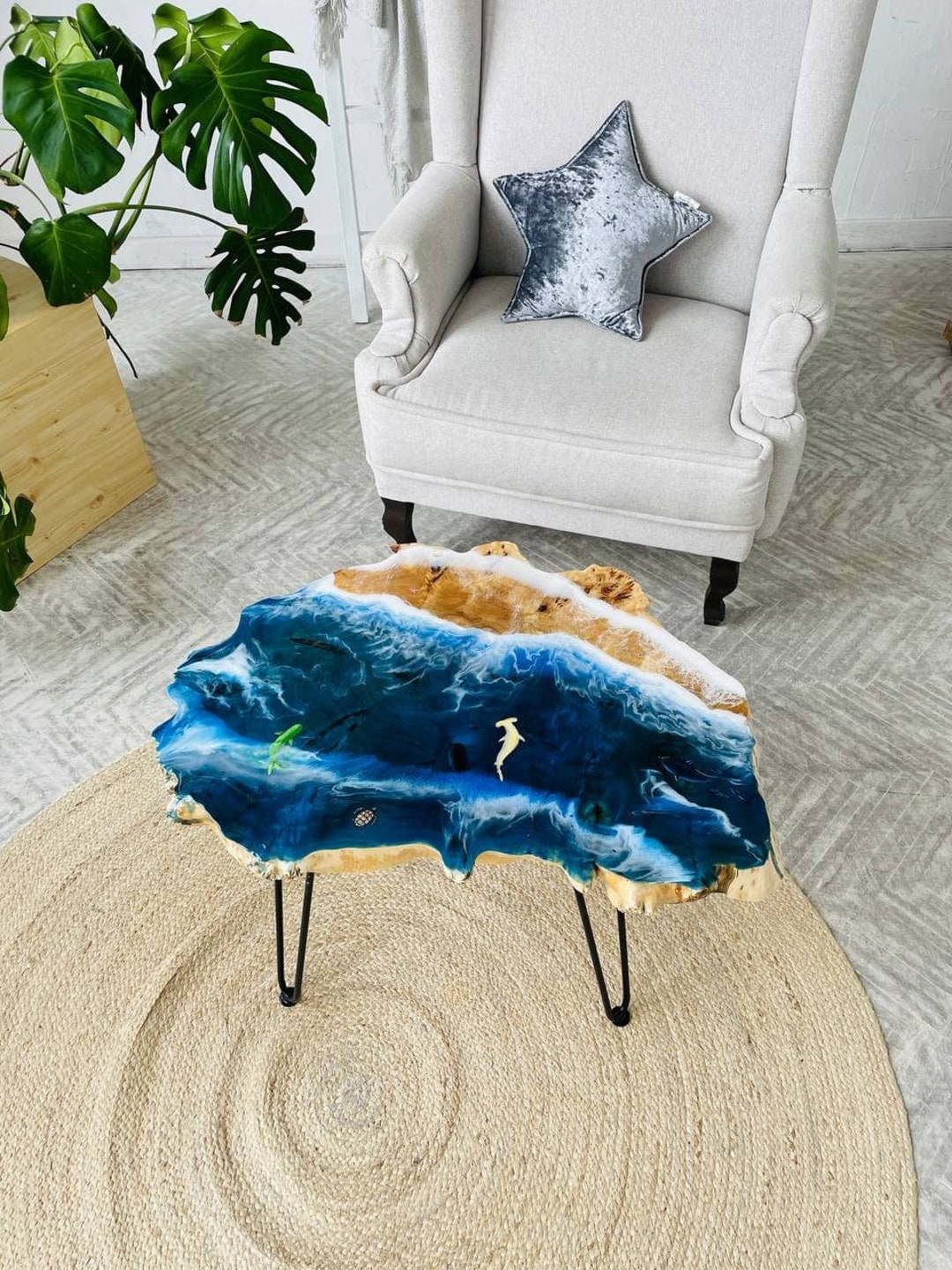 Coastal Epoxy Resin Coffee Table, Live Edge Ocean Waves Table, Beach ...