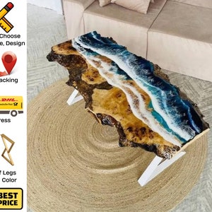 Live Edge Wood Slab Epoxy Ocean Wave Table, Resin Custom Table, Coastal ...