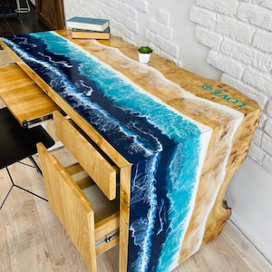Epoxy Wood Study Desk With Storage, Live Edge Computer Desk With ...