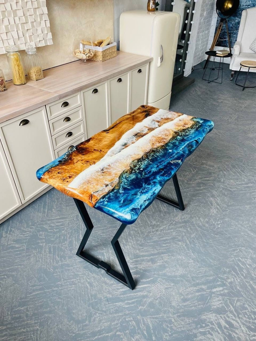 Fluorescent Epoxy Resin Table, Epoxy Resin Kitchen Table, Ocean Wave ...