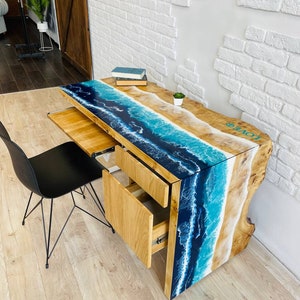 Epoxy Wood Study Desk With Storage, Live Edge Computer Desk With ...