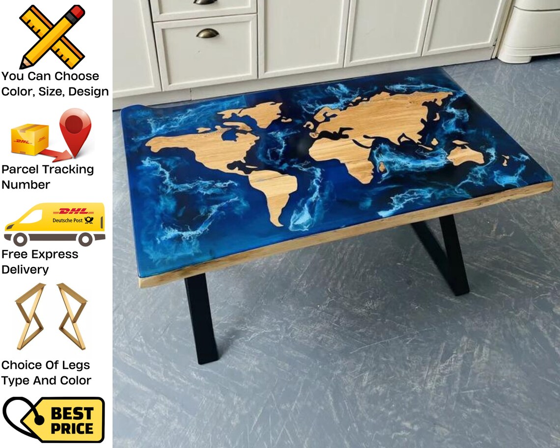 World Map Accent Table, Living Room Epoxy Resin Table, World Map Resin ...