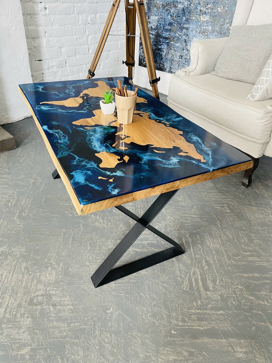 Custom Resin Coffee Table, Farmhouse Oak Table, Blue Epoxy Table, Table ...