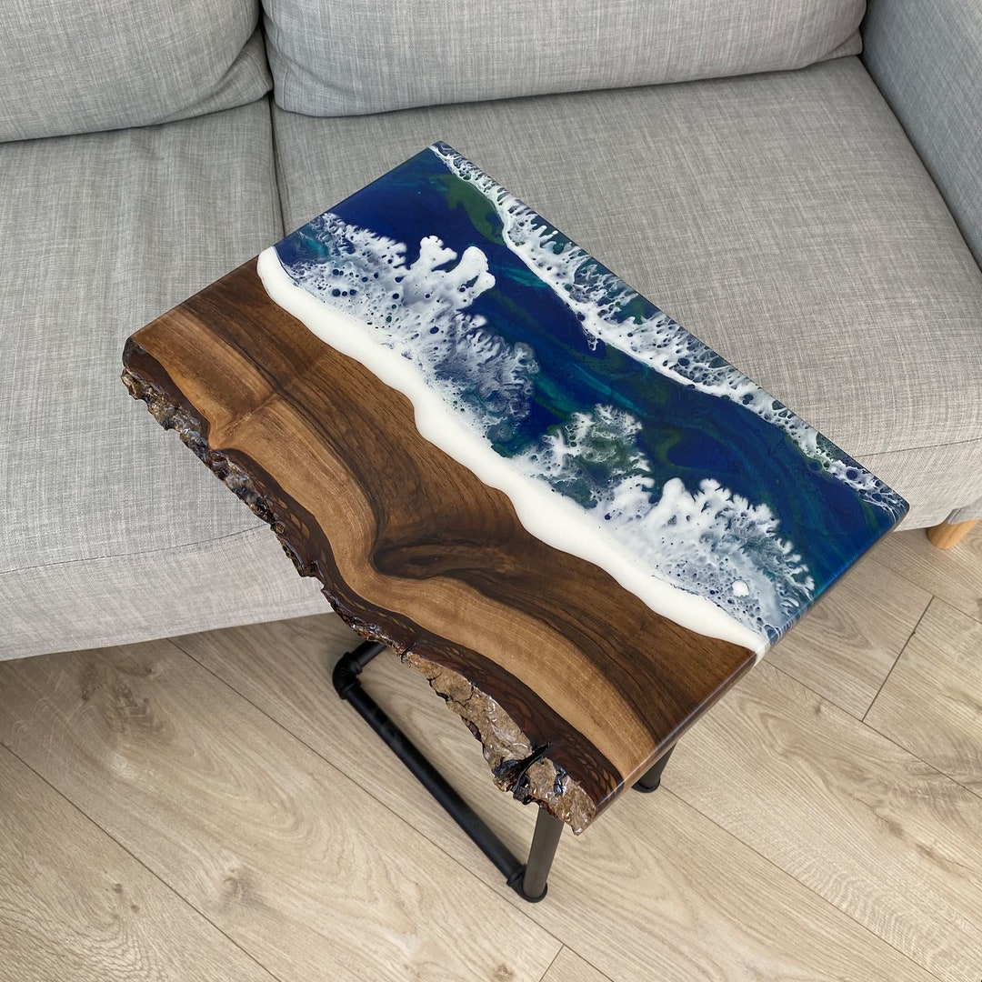 Couch Side Coffee Table, Coastal Epoxy C Table, Epoxy Resin Ocean Waves ...
