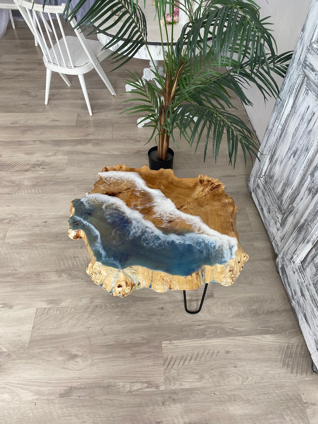 Epoxy Resin Live Edge Round Table, Beach Epoxy Coffee Table, Ocean ...