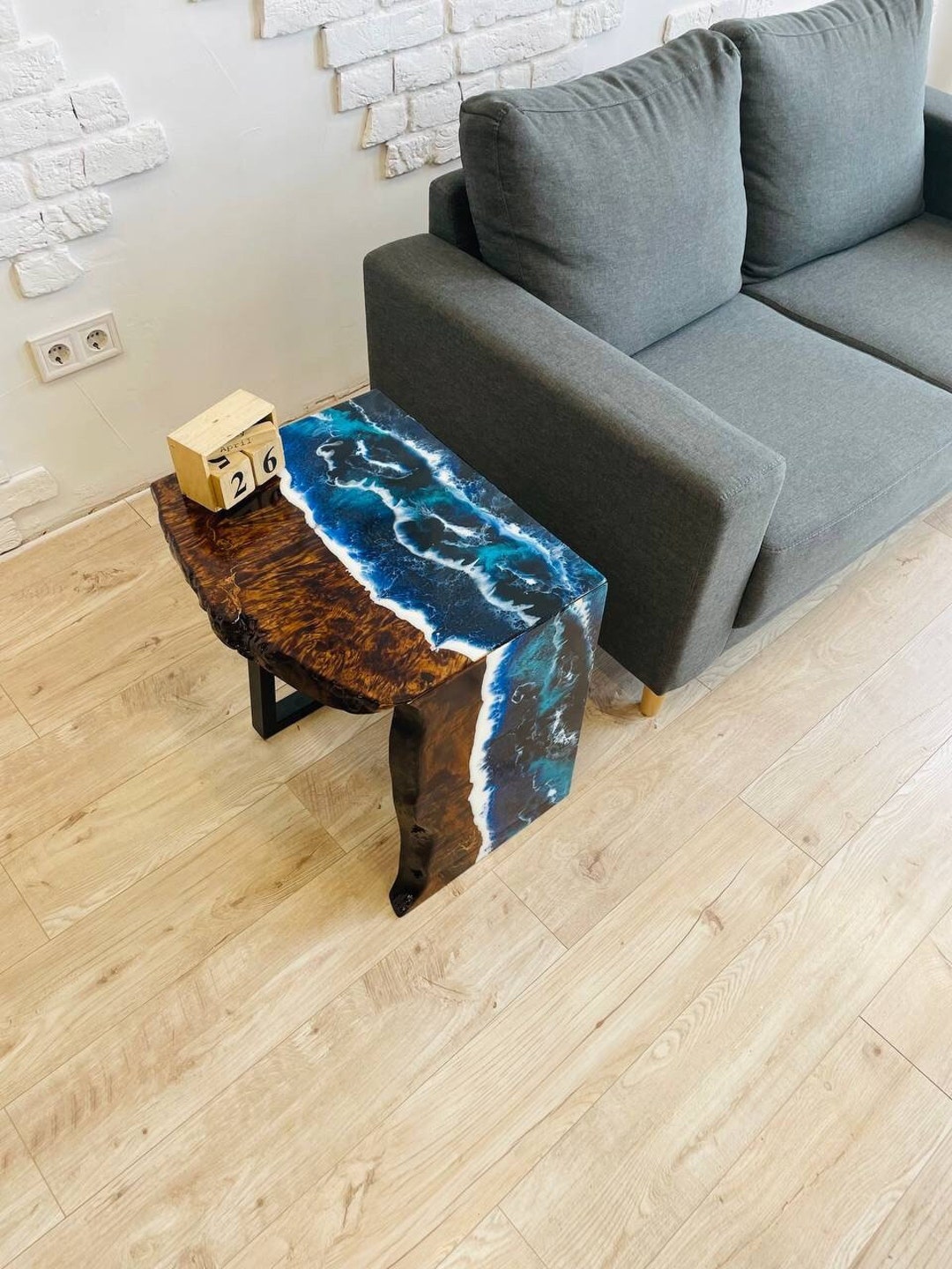 Modern Epoxy Side Table With Wood, Resin Ocean Waterfall Table, Custom ...
