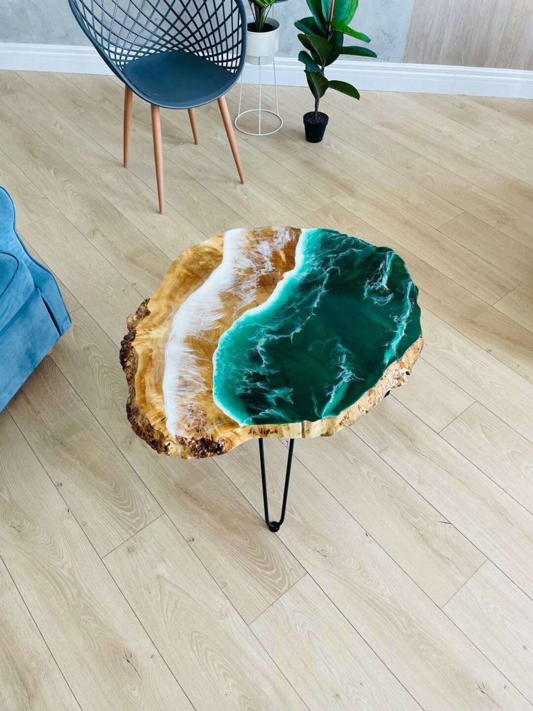 Rustic Green Epoxy Coffee Table, Wooden Resin Ocean Small Sofa Table ...