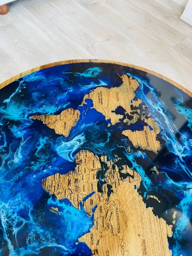 Unique World Map Epoxy Resin Coffee Table, Round Ocean Waves Living ...