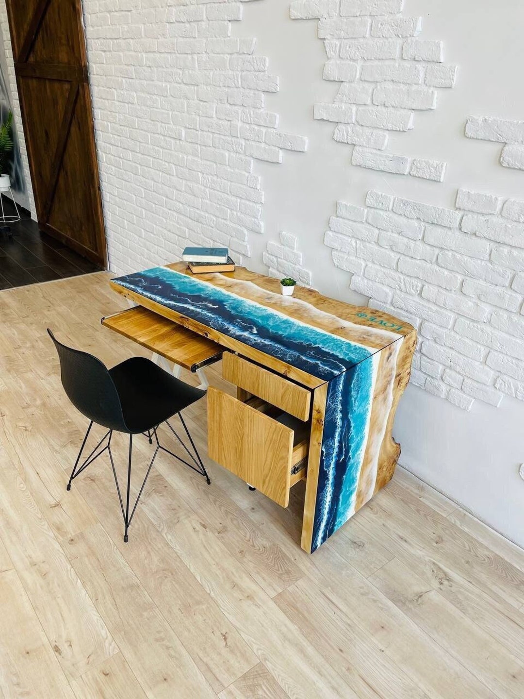 Epoxy Wood Study Desk With Storage, Live Edge Computer Desk With ...