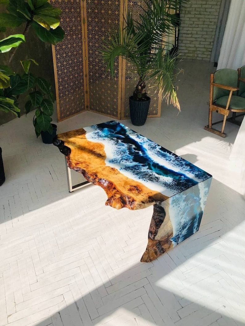 Wood Coffee Table, Ocean Epoxy Table, Waterfall Resin Table Top, Epoxy ...
