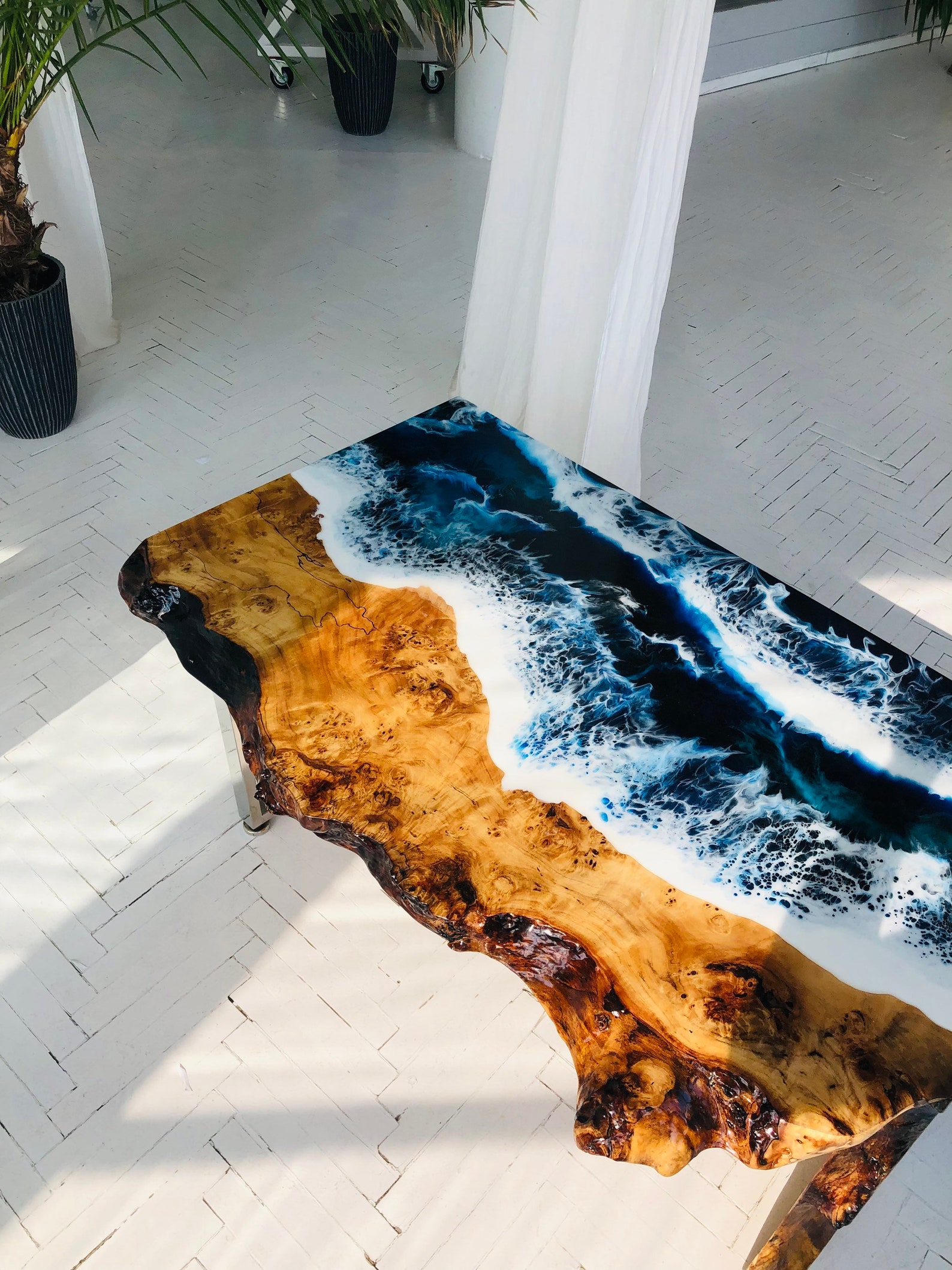 Natural Wood and Epoxy River Table With Waterfall Effect, Artistic ...