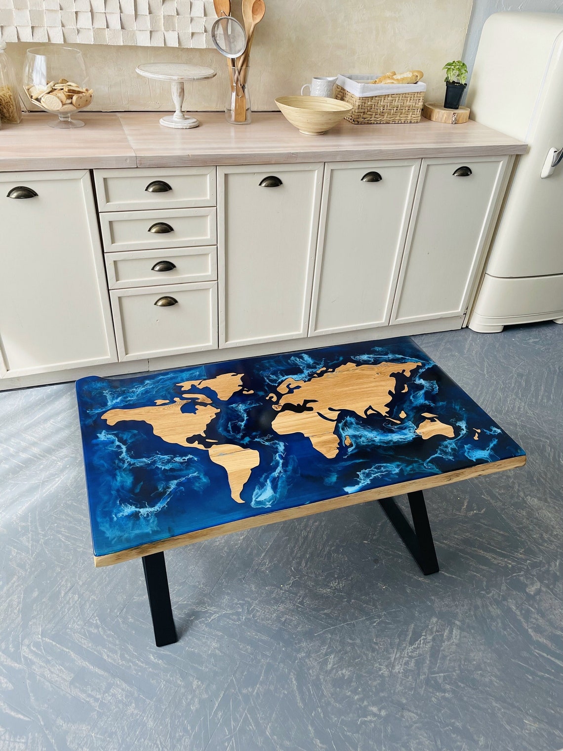 World Map Accent Table, Living Room Epoxy Resin Table, World Map Resin ...
