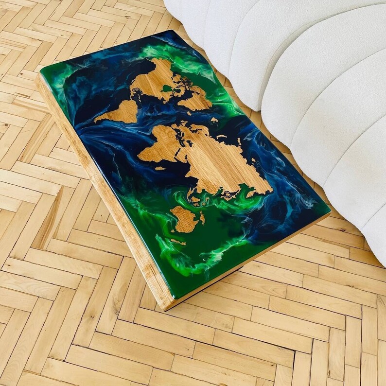Aesthetic Epoxy World Map Coffee Table, Resin Art Farmhouse Sofa Table ...
