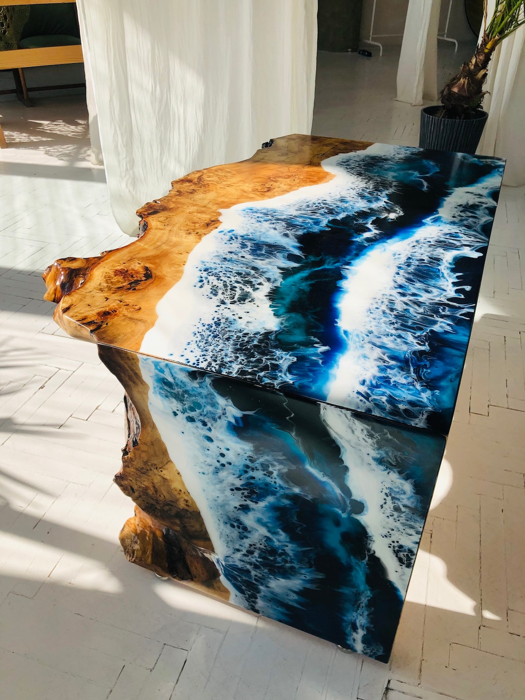 Natural Wood and Epoxy River Table With Waterfall Effect, Artistic ...