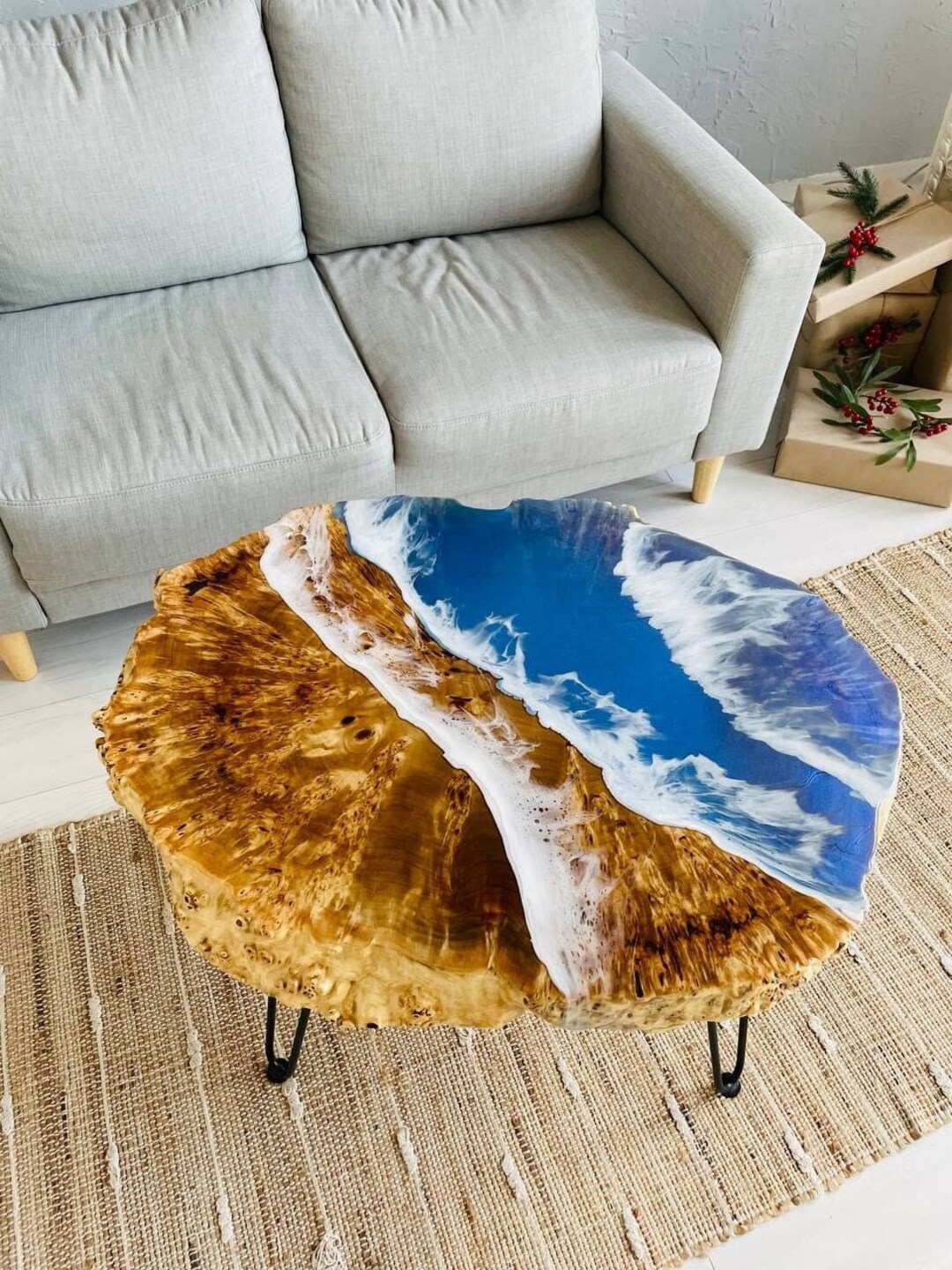 Live Edge End Table, Ocean Wave Wood Resin Table, Round Epoxy Resin ...
