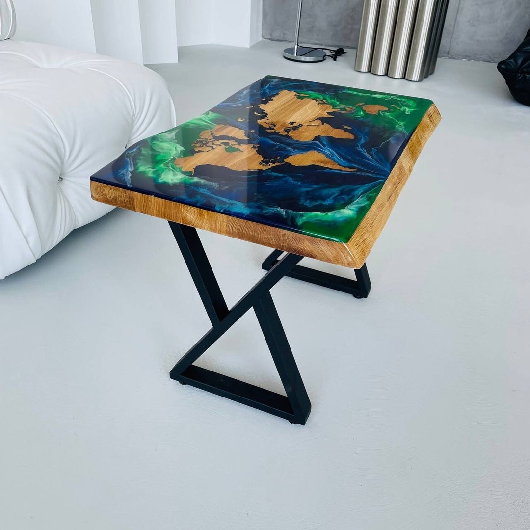 Rectangular Epoxy World Map Coffee Table, Oak Art Deco Table, Green ...