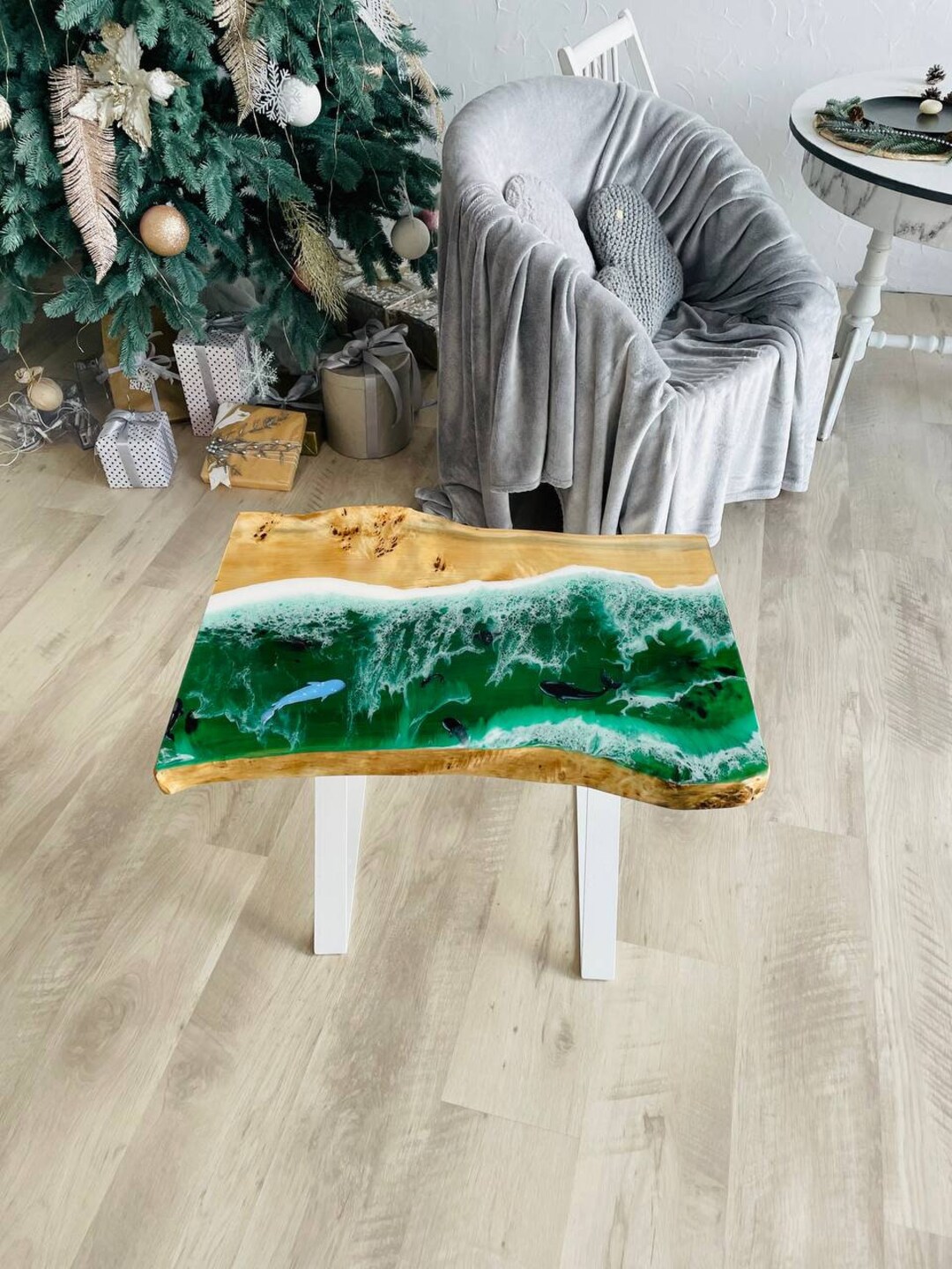 Koi Fish Epoxy Resin Coastal Table, Nautical Live Edge Table, Ocean ...