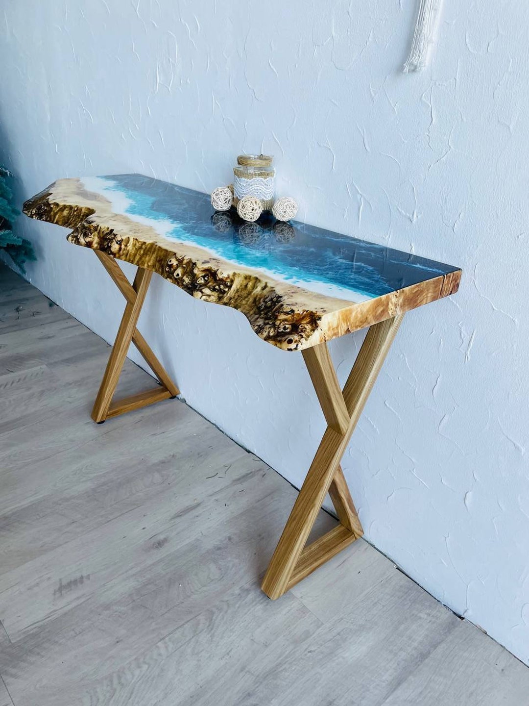 Live Edge Wood Console Table, Epoxy Resin Tall Entryway Console, Rustic ...