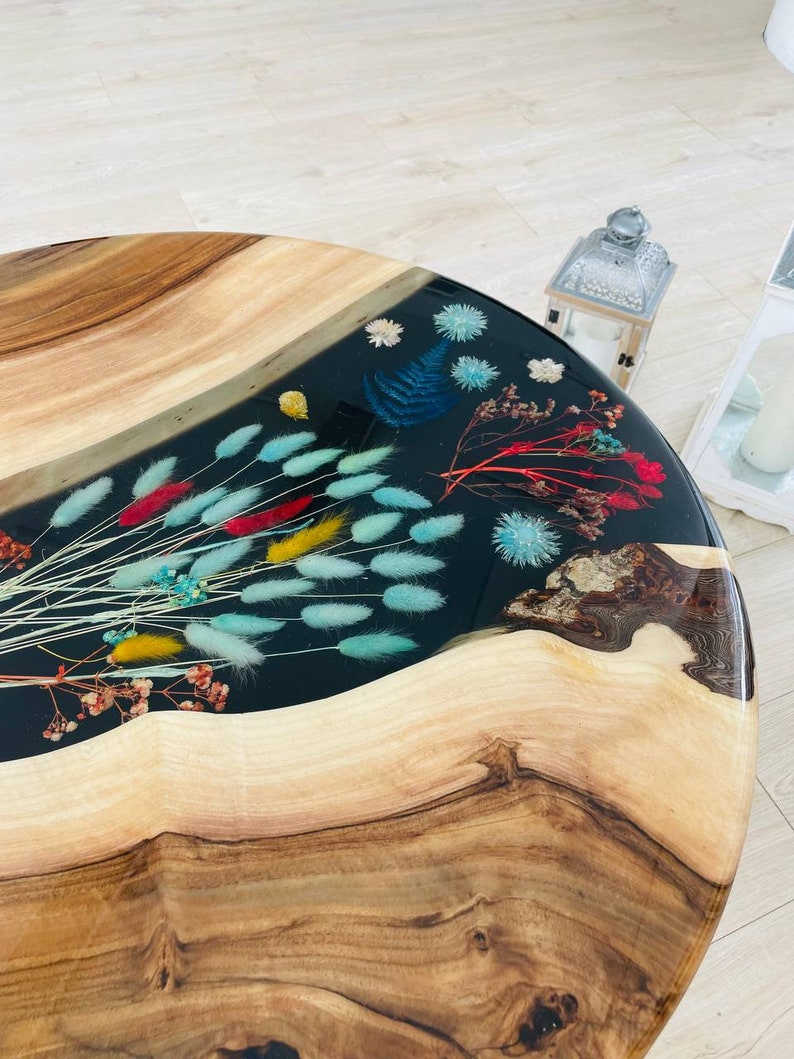 Floral Epoxy Resin Table, Round Coffee Table With Dried Flowers, Custom ...
