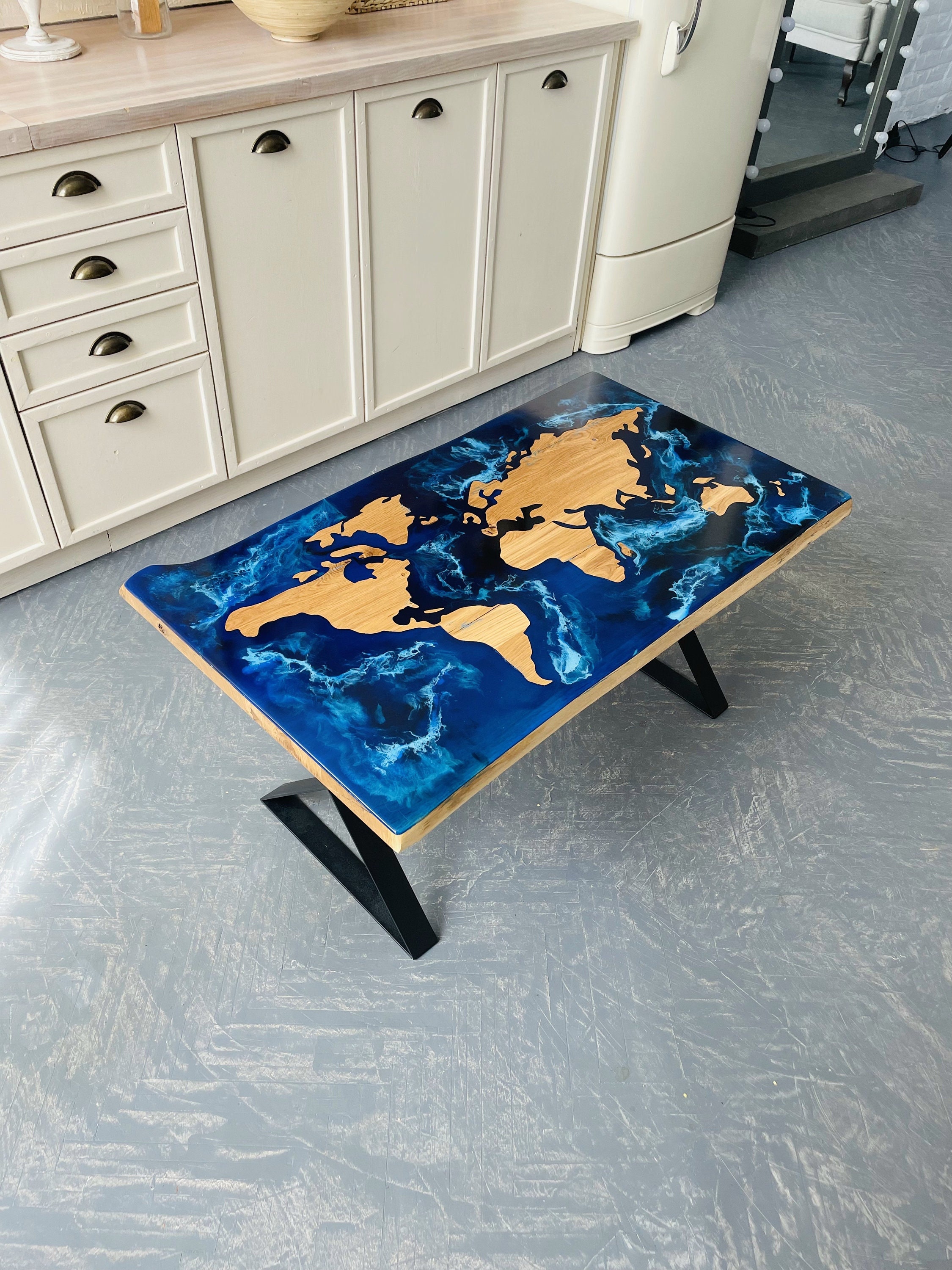World Map Accent Table, Living Room Epoxy Resin Table, World Map Resin ...