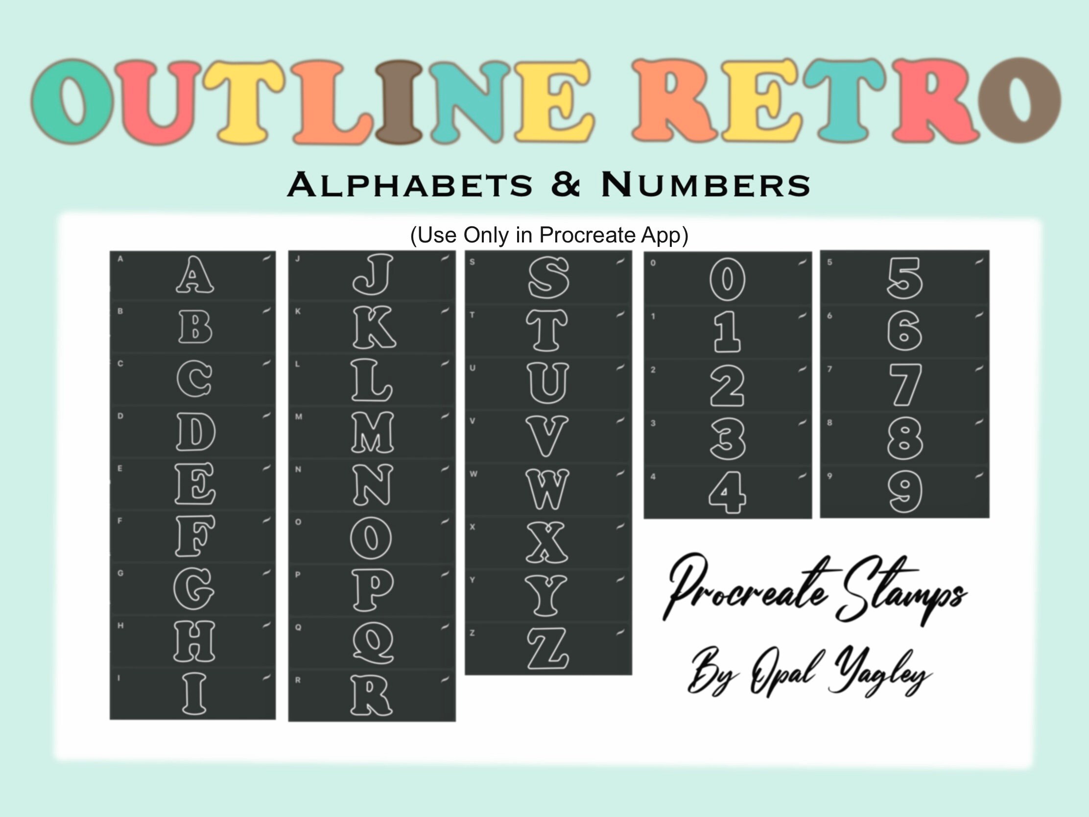 Procreate Stamps, Retro Outline Fonts Procreate, Groovy Alphabet Stamp ...