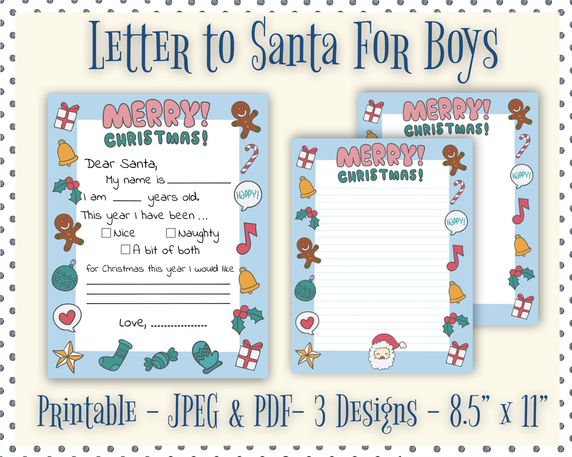 Letter to Santa Printable for Boys / Blue Color Xmas Letter Template 3 ...