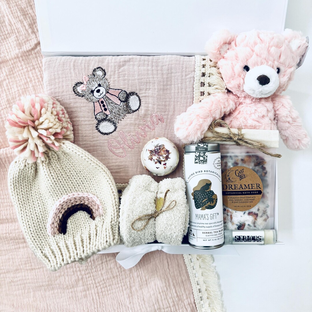 New Mom and Baby Care Package, Baby Girl Gift, Embroidered Teddy Bear ...