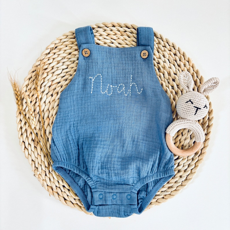 Blue Organic Cotton Baby Romper: Embroidered Personalized Outfit - Etsy