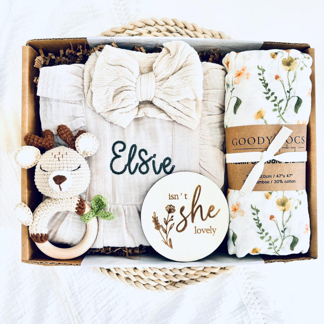 Personalized Baby Girl Gift Box | Embroidered Romper, Swaddle & Rattle ...