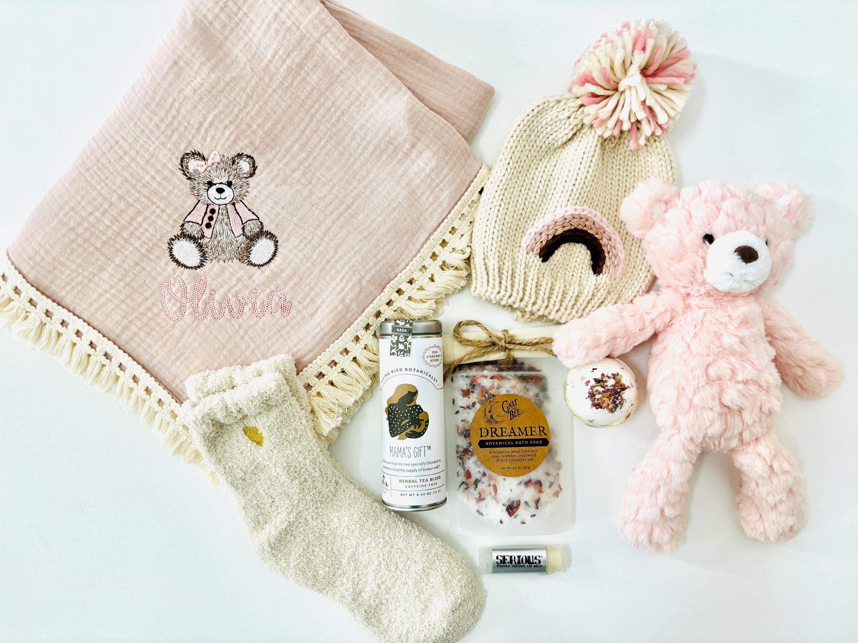 New Mom and Baby Care Package, Baby Girl Gift, Embroidered Teddy Bear ...