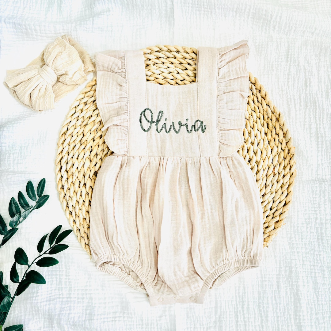 Baby Girl Newborn Gift, Personalized Baby Romper, Muslin Beige Baby ...