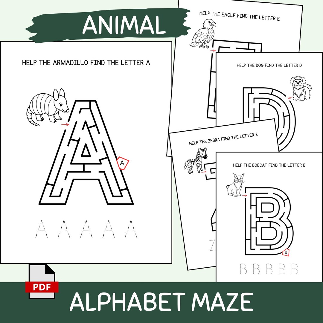 Letter Mazes for Kids | Animal Alphabet Worksheets A–Z | Printable Fine ...