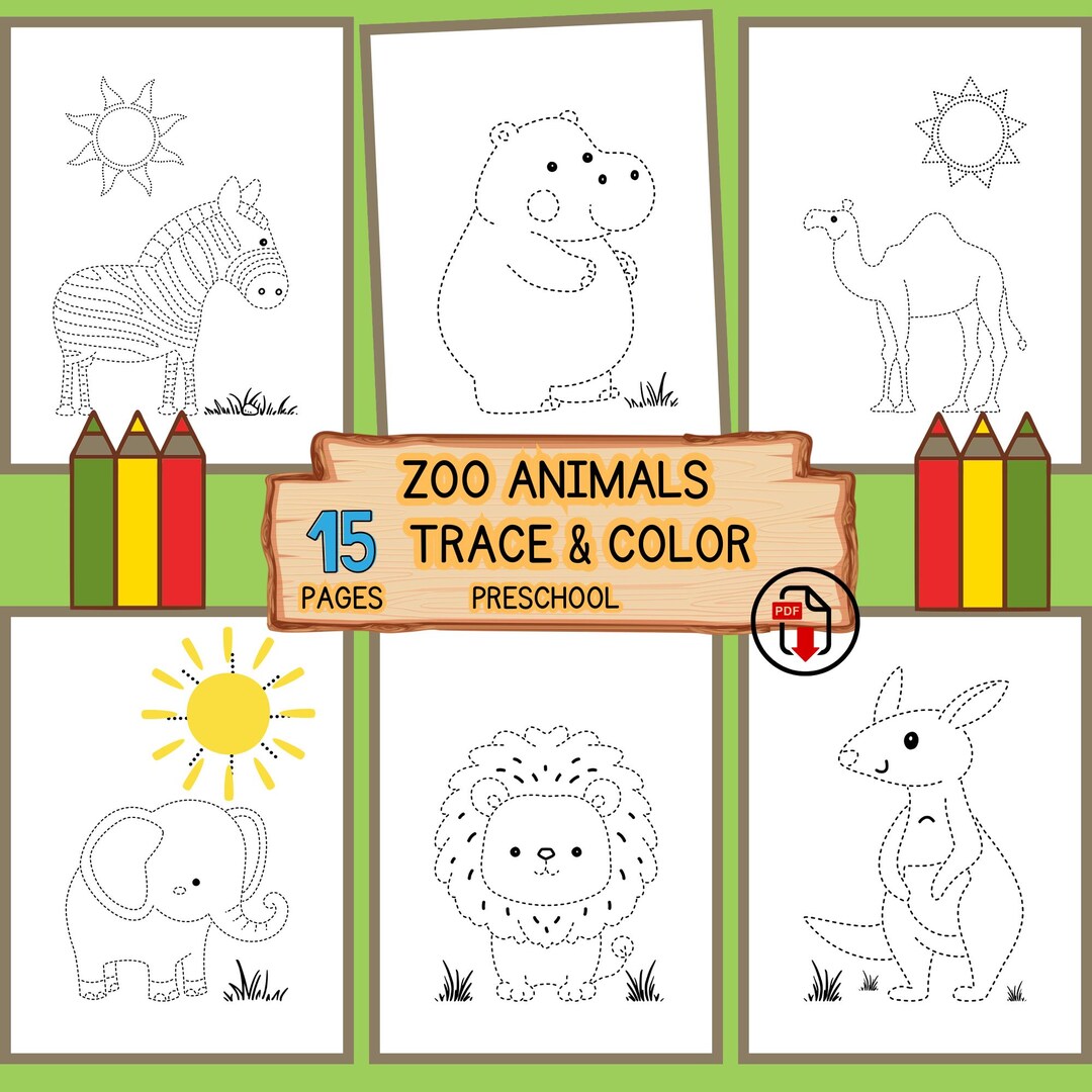 Zoo Animal Trace and Color Pages | Preschool Fine Motor Worksheets - Etsy