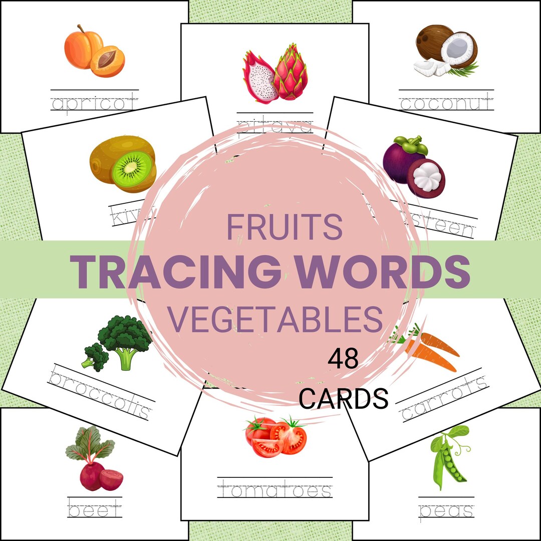 Fruits and Veggies Printable Trace the Words Cards for Kindergarten ...