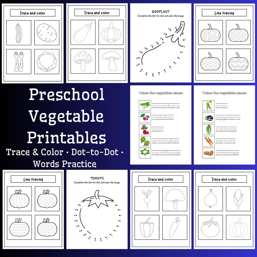 Vegetable Theme Printables for Kids | Trace and Color, Dot-to-dot ...