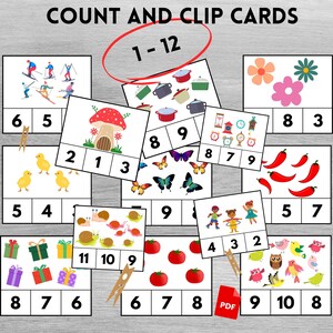 Math Flashcards, Count and Clip Cards, 1 12 Counting, Preschool Math ...