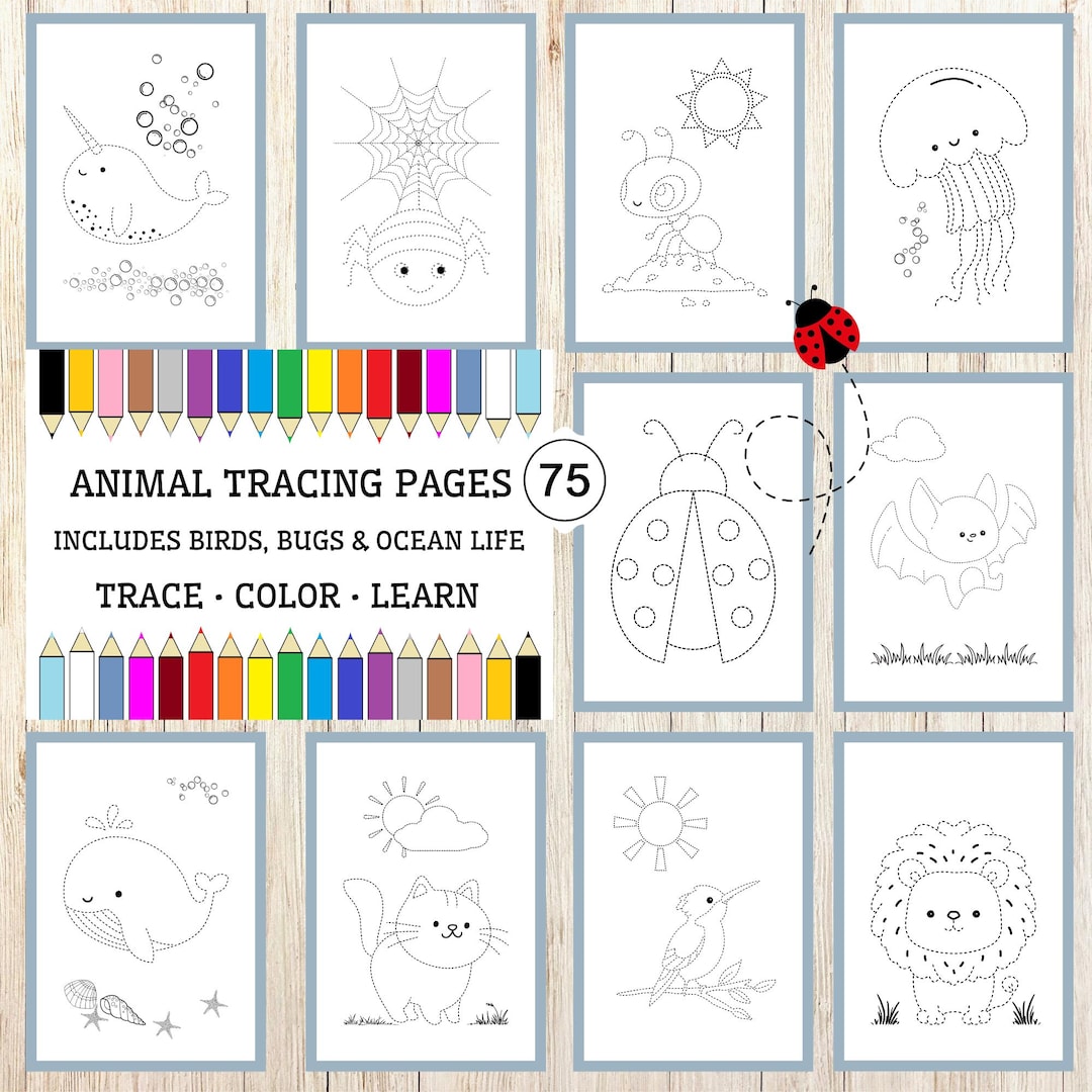 Animal Tracing & Coloring Worksheets | 75 Page Preschool PDF | Ocean ...