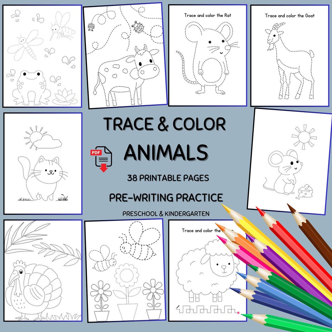 Trace and Color Animals Worksheets for Preschool & Kindergarten | Pre ...