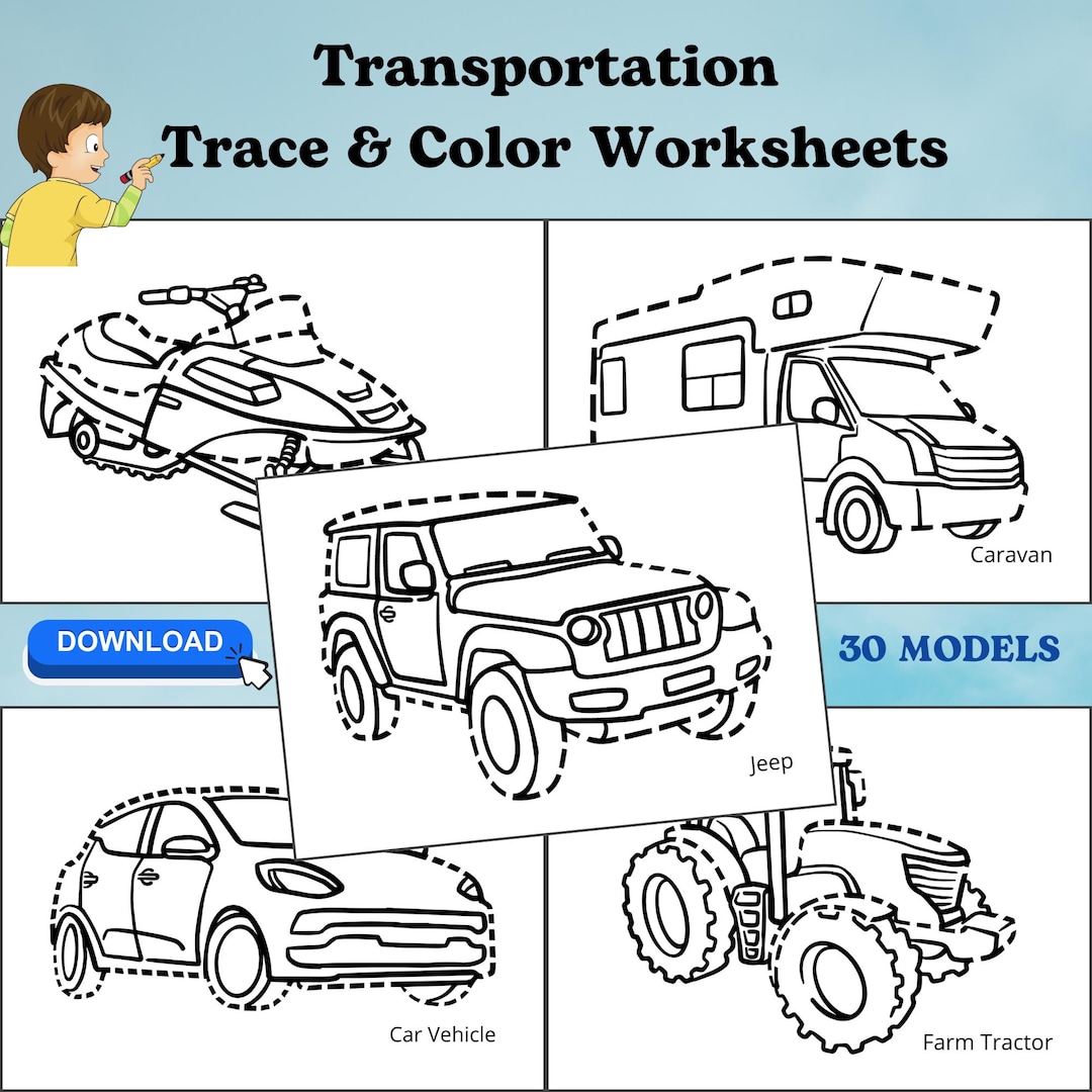 Transportation Trace and Color Worksheets for Kids | Vehicle Tracing ...