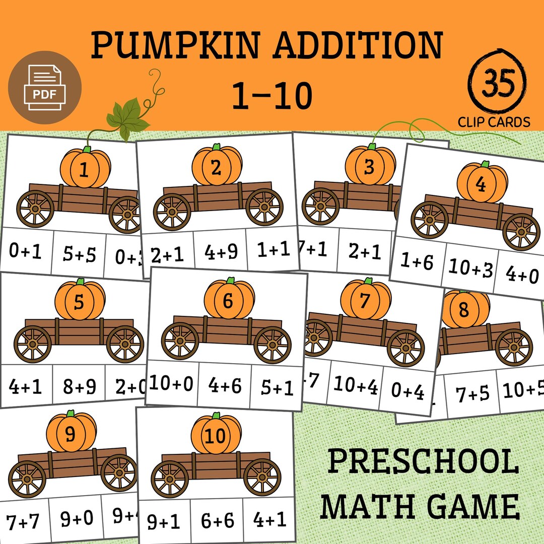 Pumpkin Math Activities for Preschool | Printable Addition 1-10 Clip ...