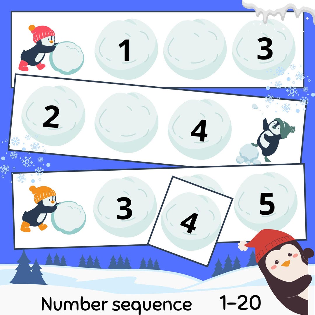 Penguin Math Number Sequence Worksheets 1-20 | Winter Preschool ...
