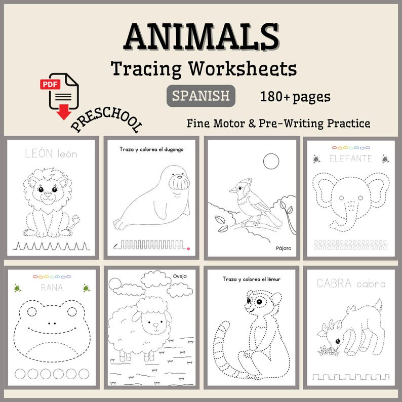 Spanish Tracing Worksheets Animals | Preschool Printable PDF | Fine ...
