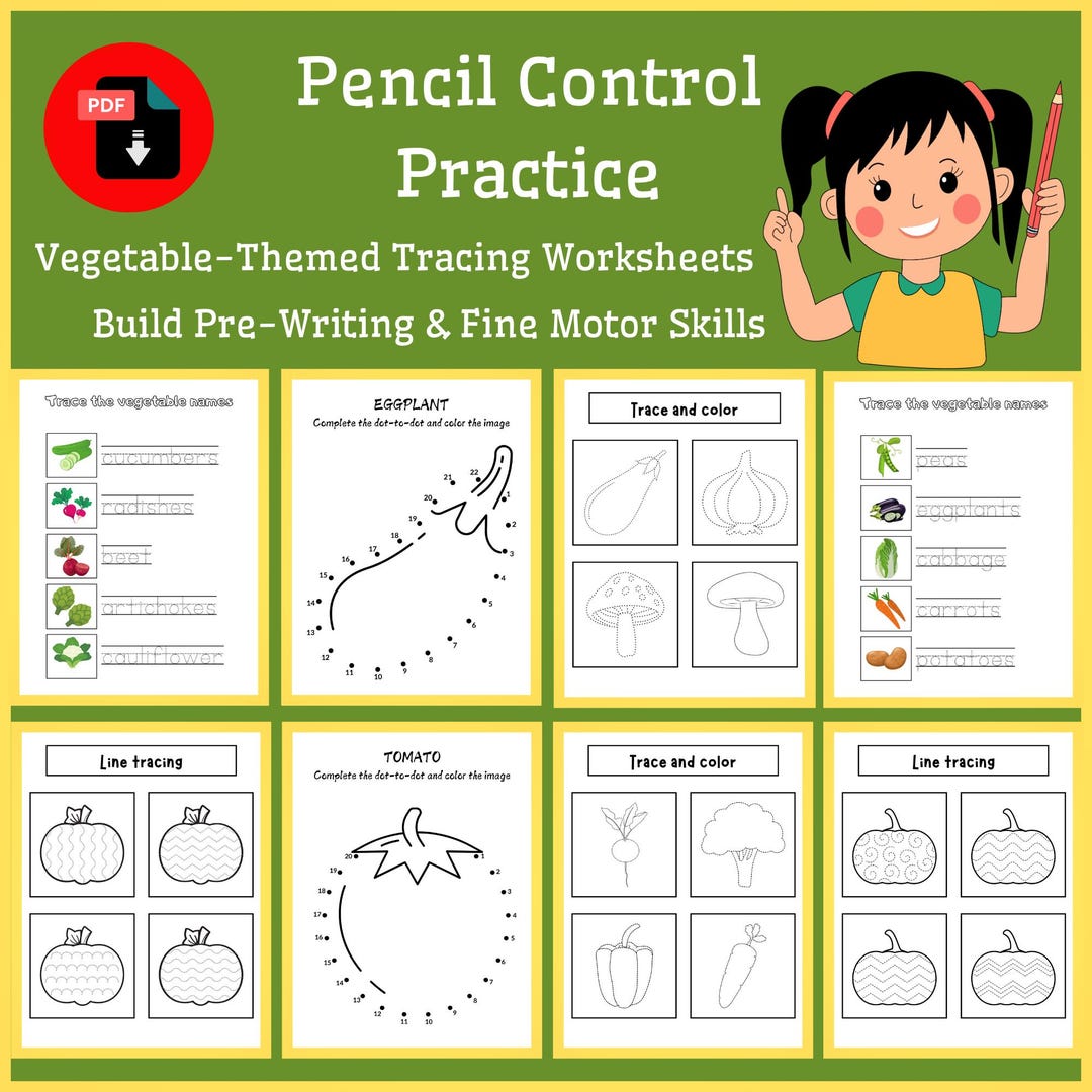 Vegetable Tracing Practice Worksheets | Pencil Control & Pre-writing ...